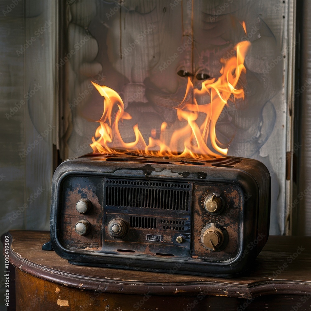 Vintage radio catches fire during a dramatic art display in an ...