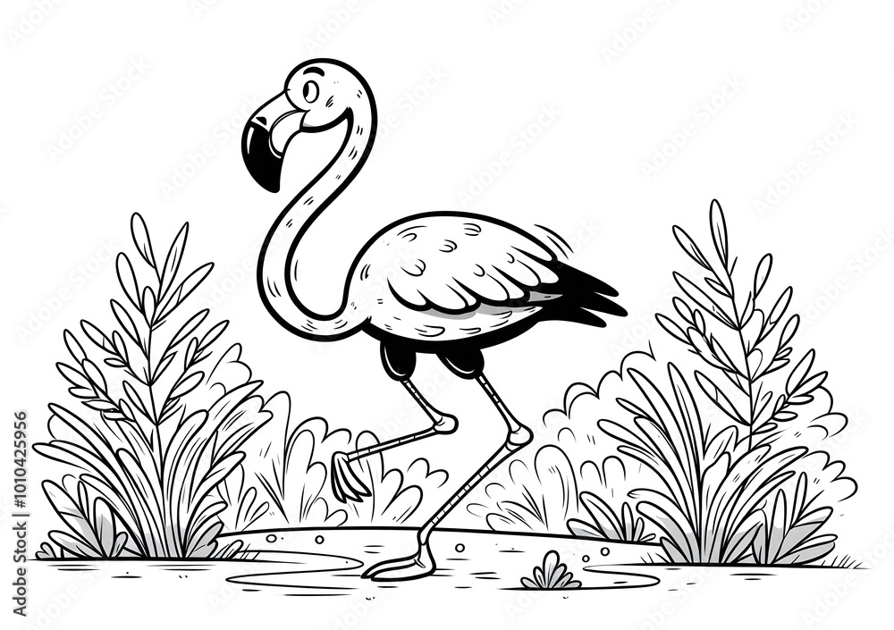 Colouring Page Black Ink drawing on a white page of a cute Flamingo ...