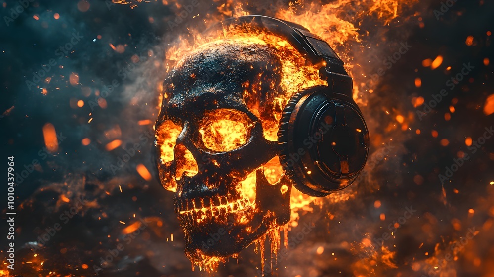 Flaming skull adorned with industrial headphones, molten metal dripping ...