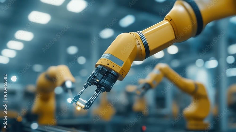 Industrial robotic arm in a manufacturing facility, automated assembly ...