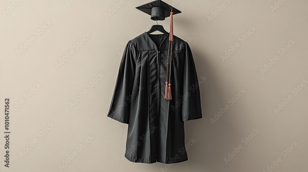 A mockup of a graduation gown displayed on a hanger with a graduation ...