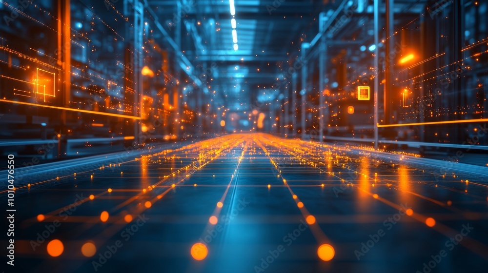 Hyper-modern automated factory, illuminated mesh networks representing ...