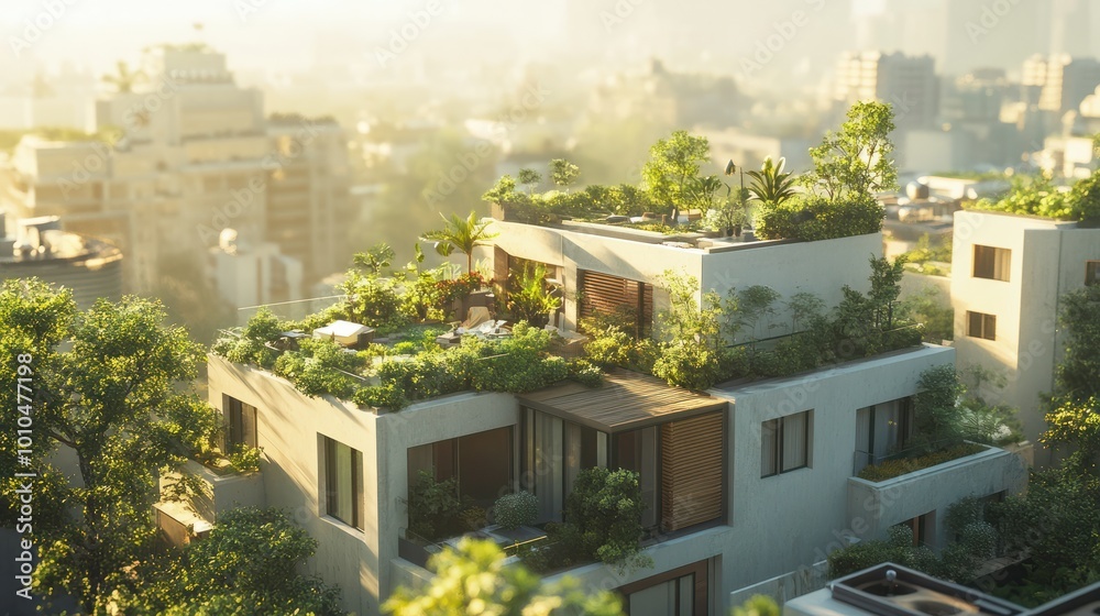 Compact modular urban homes with rooftop gardens in a bustling ...