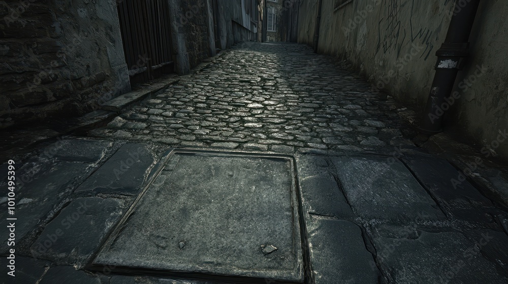 Worn-out cobblestone street with chipped edges, framed by faded ...