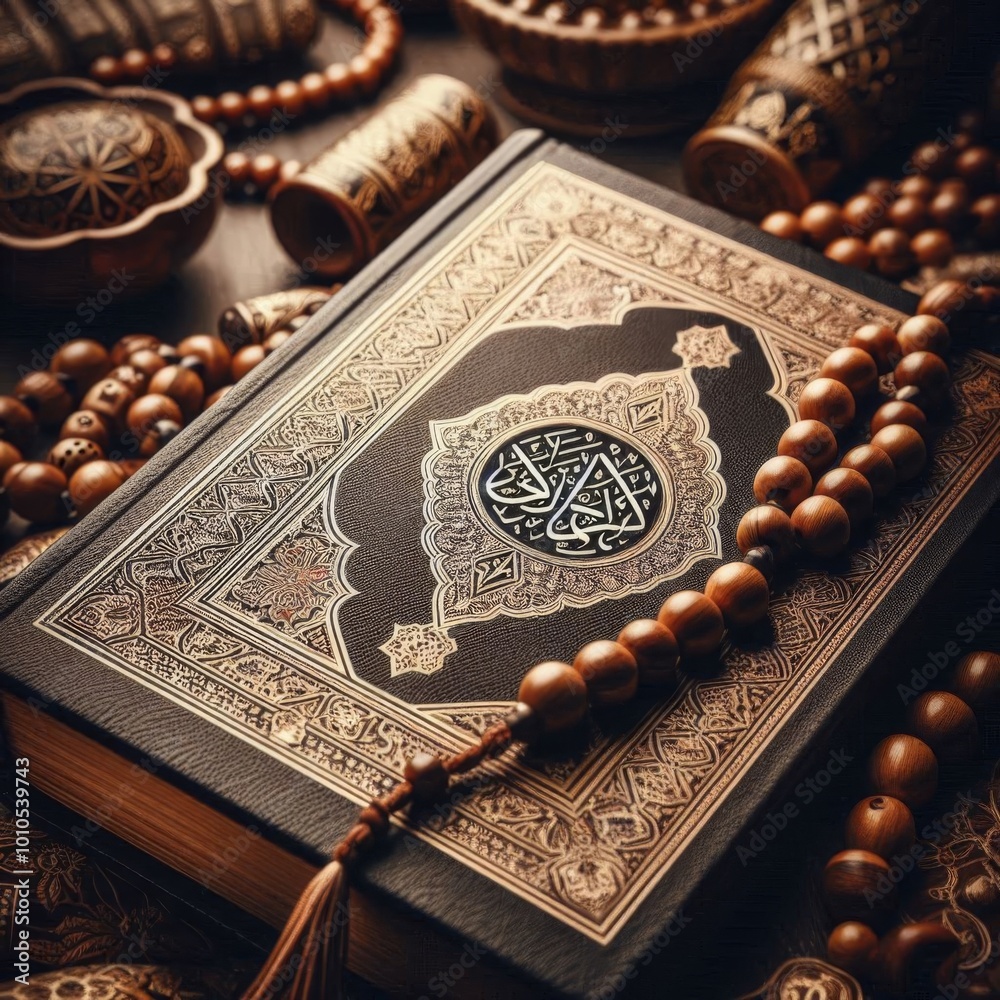 Koran Book with Wood Rosary, Sacred Items for Muslim Prayer and ...