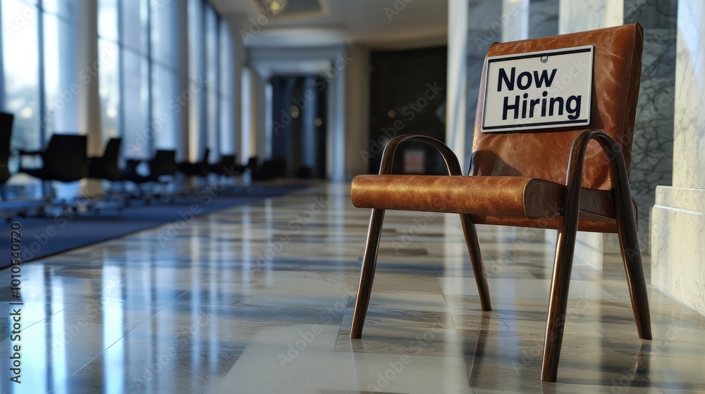 Empty chair adorned with a "Now Hiring" sign positioned strategically ...