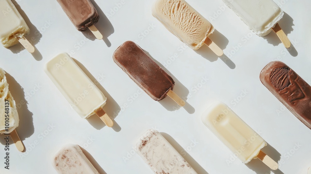 Assorted ice cream bars on a bright white surface, taken from a high ...