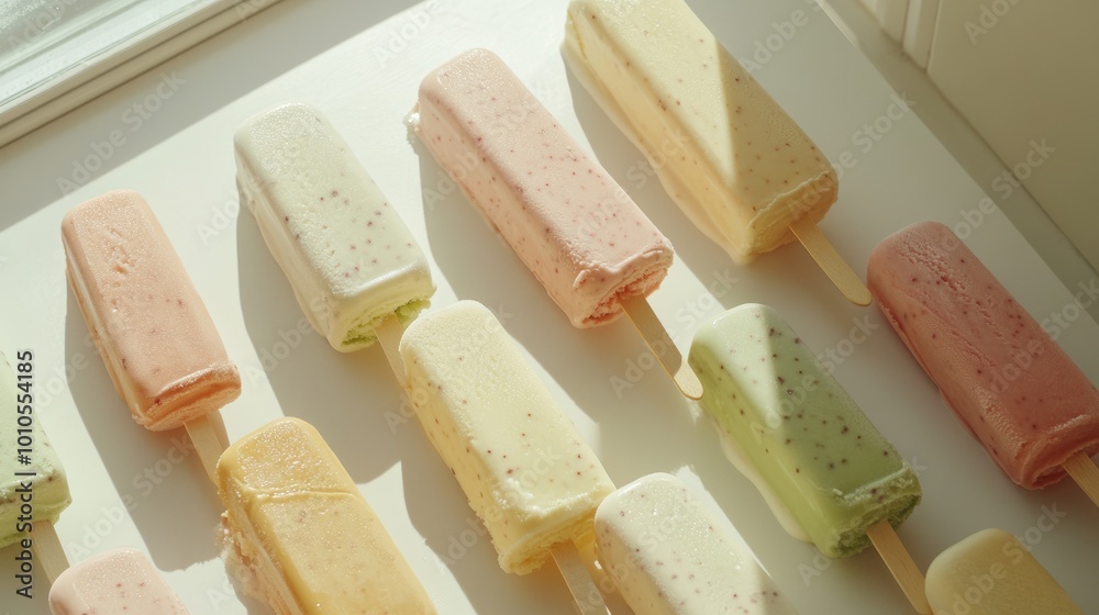 Multiple ice cream bars on a white table, taken from above, with light ...