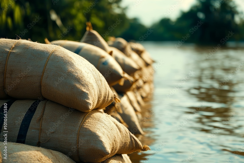 Floodwater surrounding a wall of sandbags, emergency flood protection ...