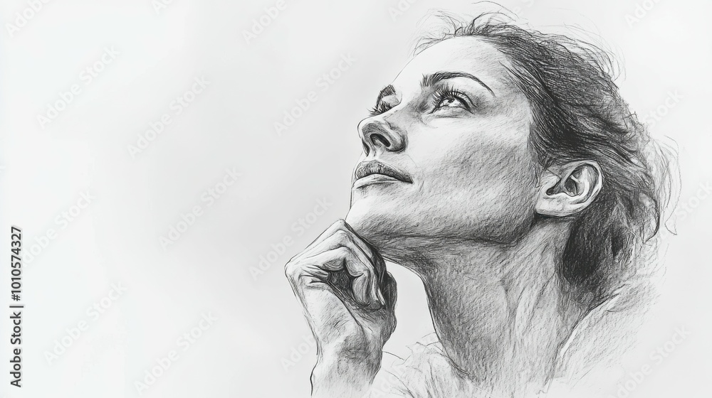 Realistic figure drawing of a woman in a contemplative pose, rendered ...