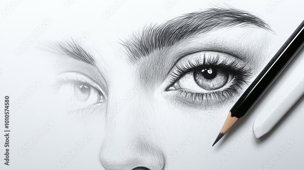 Close-up of a stylized portrait sketch, featuring detailed facial ...