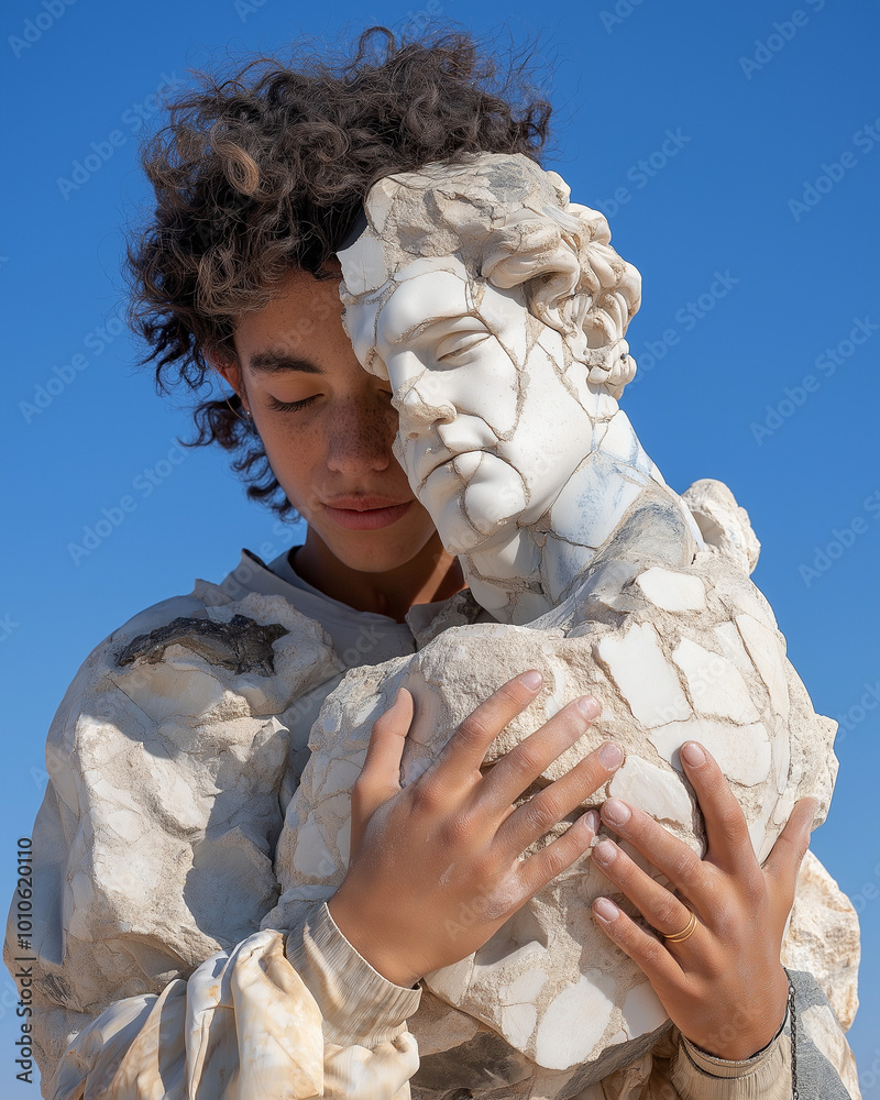 A man embracing a cracked statue while dressed in a crumbling outfit ...