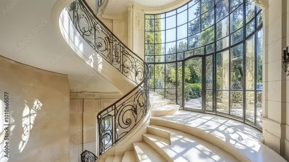 Winding staircase with ornate iron railings inside a grand historic ...