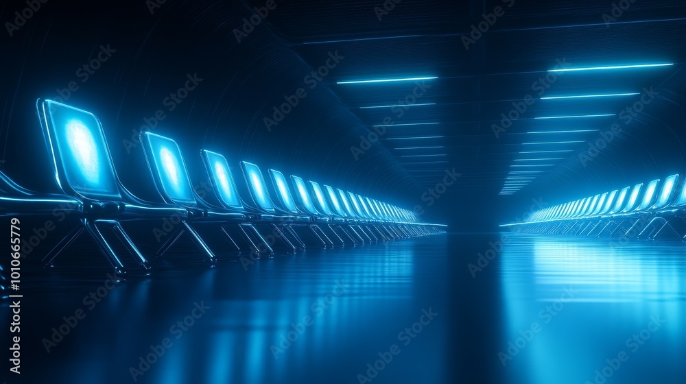 A row of empty jury seats in a futuristic courtroom, glowing ...
