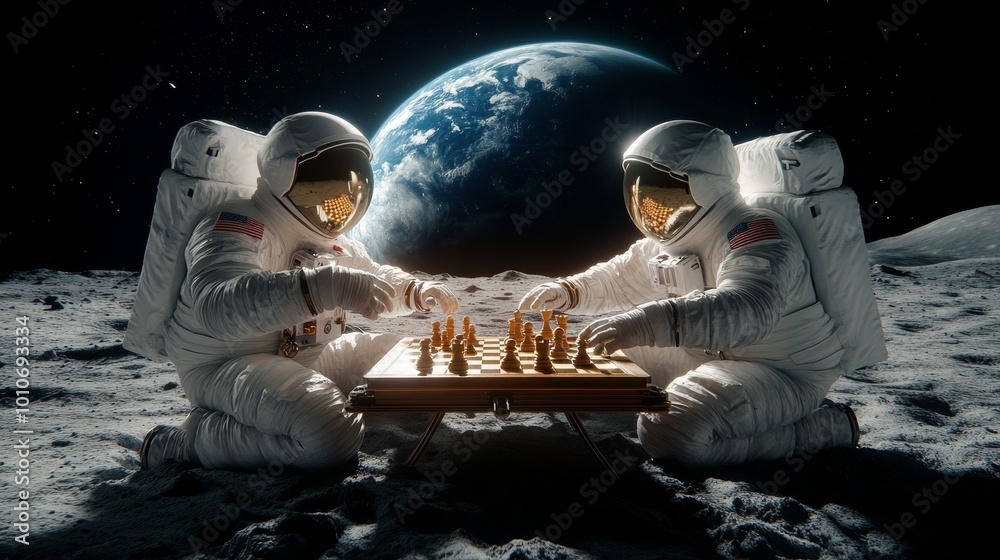 Two astronauts sit playing chess on the lunar surface, with Earth in ...