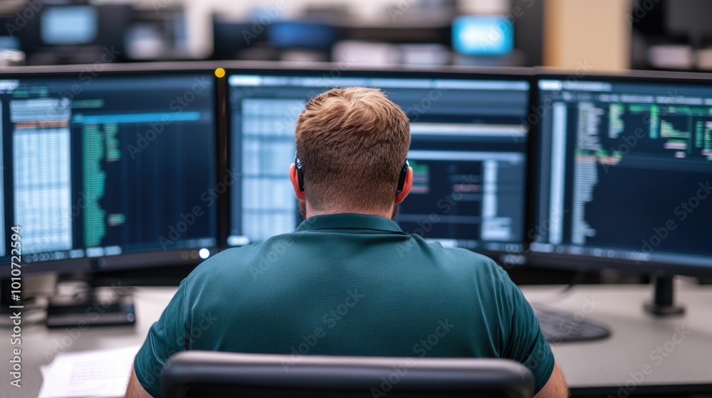 A tax preparer using dual computer monitors to cross reference tax ...