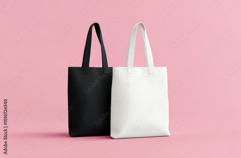 Two fabric tote bags, one black and one white, on a pink background ...