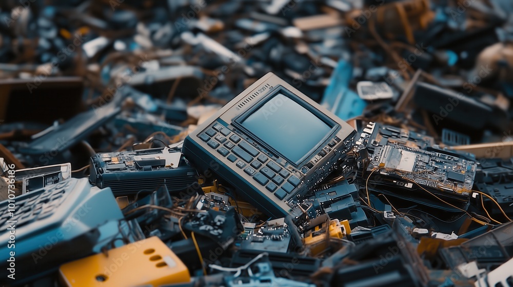 A close-up view of electronic waste in a recycling facility shows ...