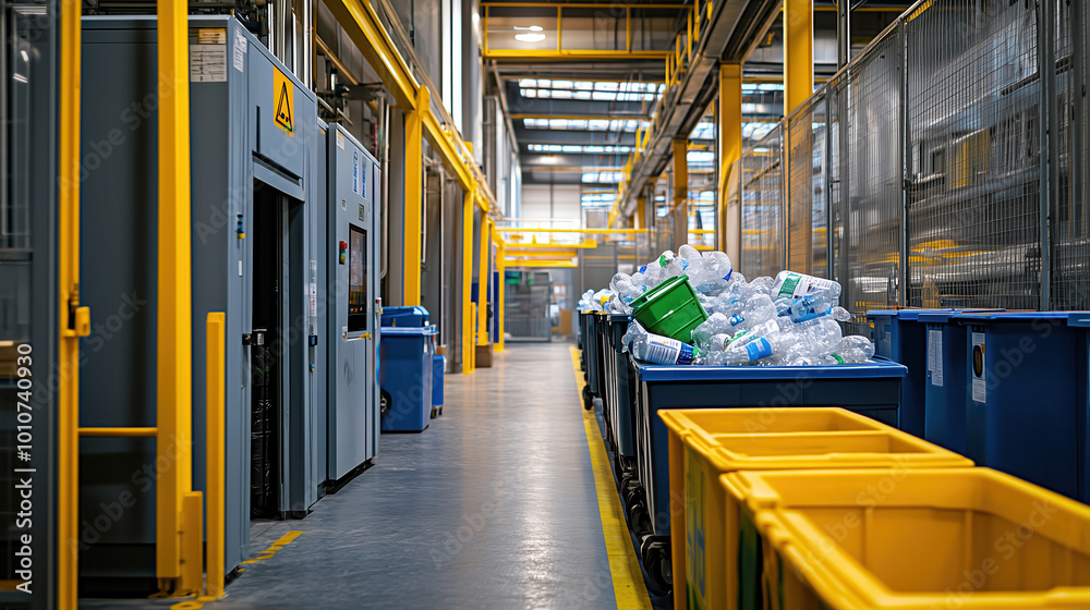 Modern recycling facility showcasing waste bins and containers filled ...