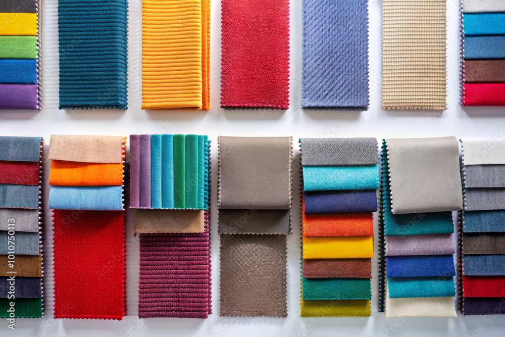 Brightly colored fabric swatches arranged in vibrant display showcase ...