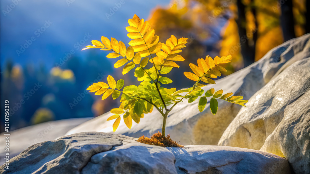 vibrant golden honey locust plant sprouts from fissure in rock ...