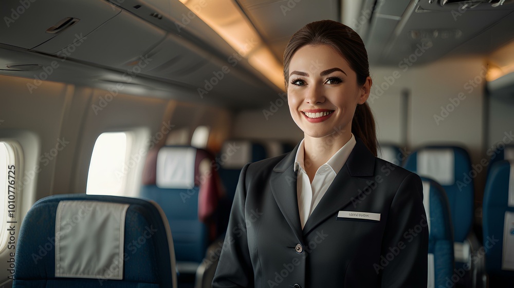smiling cabin crew flight attendant in uniform stood in an empty ...