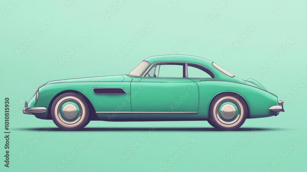 An illustration of an adventurous vintage car designed in a light green ...