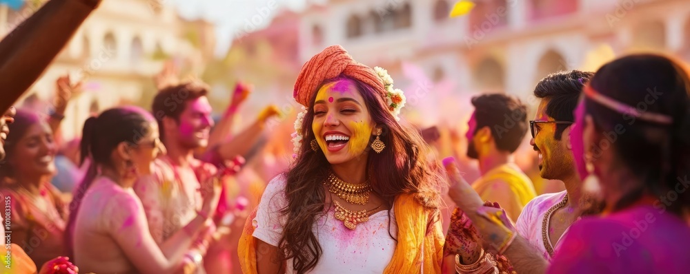 Fun-filled Holi event with mythological elements, vibrant colors flying ...