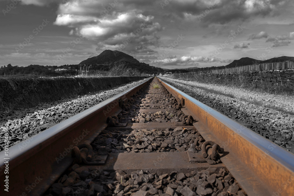 Narrow gauge railway train track on a restored vintage railway line in ...