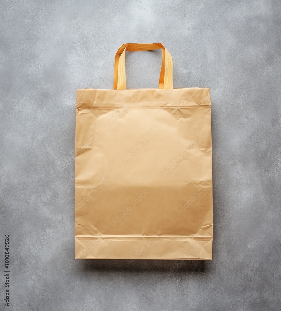 Flat lay empty kraft paper bag on a grey concrete background, top view ...