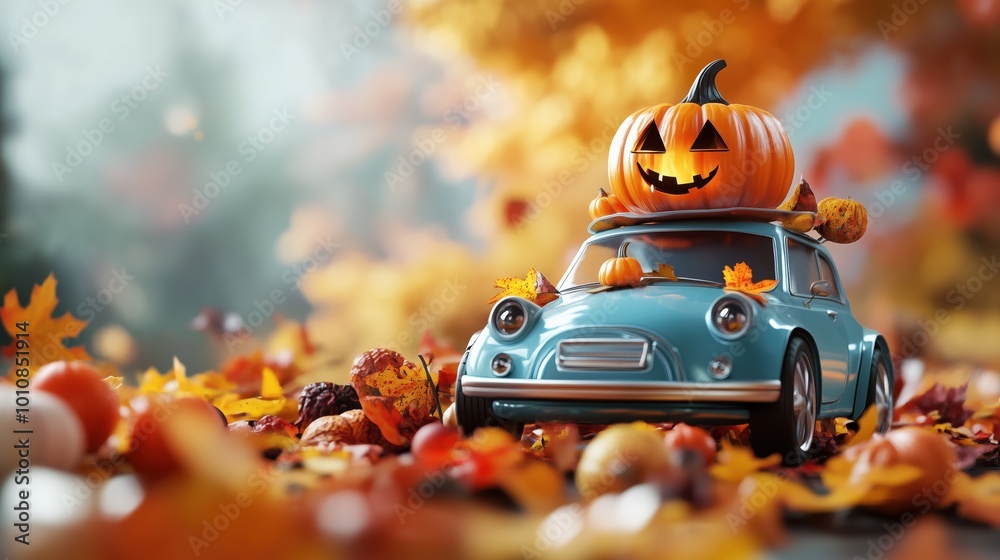 Fall illustration. Halloween blue toy car with big pumpkin jack o ...