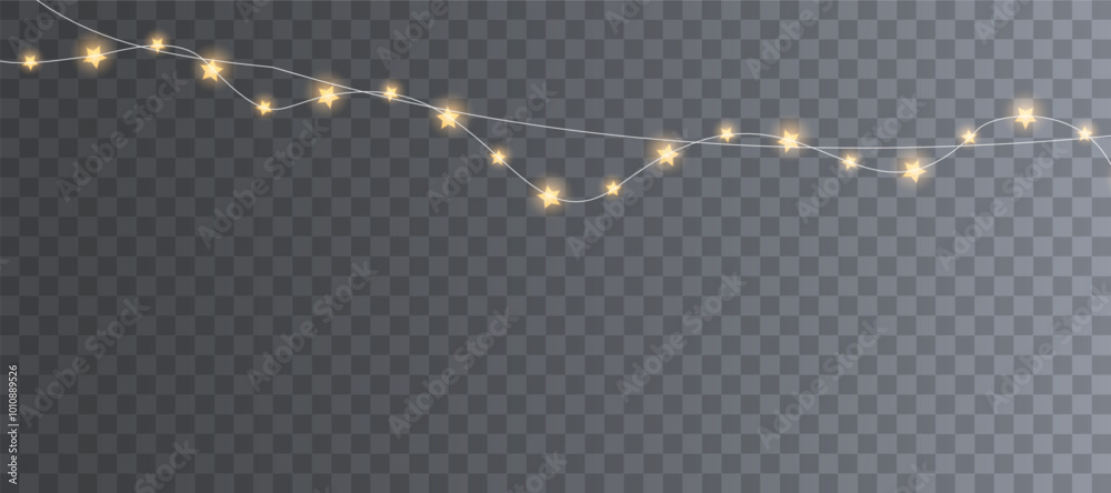 Vector garlands and yellow lights glow on a transparent background ...