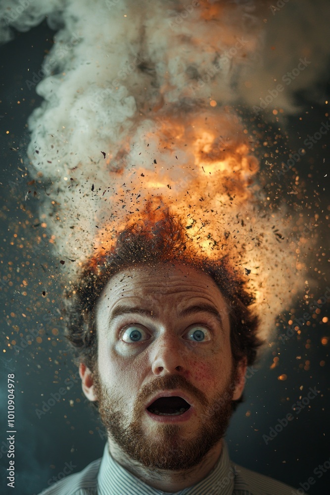 A man with an exploding head, looking at the camera with a confused ...