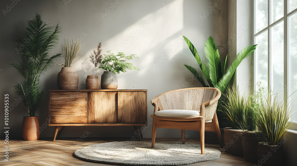 elegant interior setup with a wooden chair, console table, and chic ...