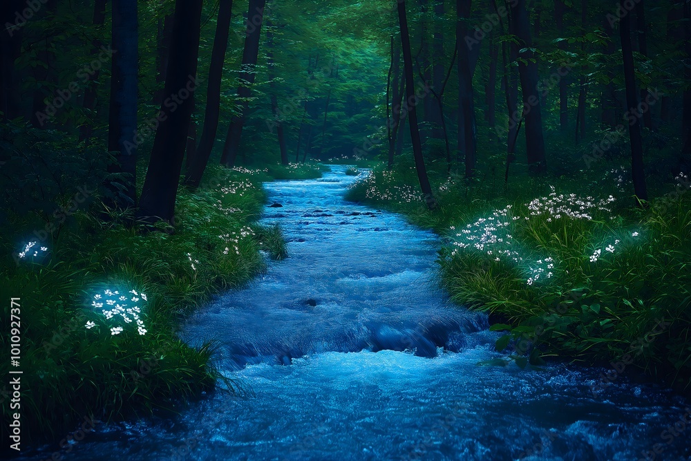 A River That Flows Through a Dark Enchanted Forest, Water That Glows a ...