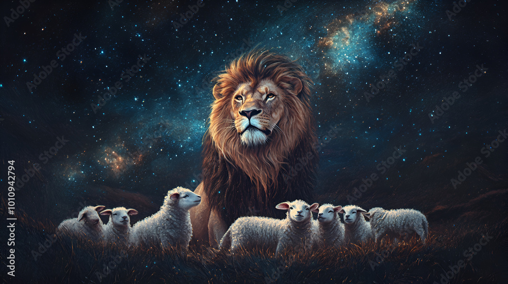 This image shows a powerful lion sitting protectively among a group of ...