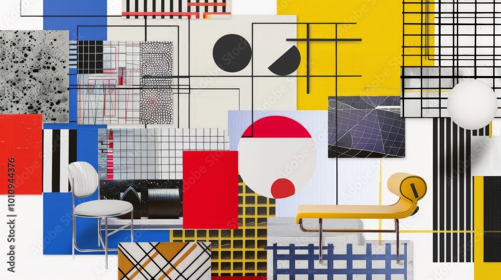 This collage moodboard showcases a vibrant mix of Bauhaus design elements, highlighting ...