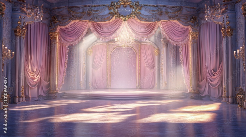 A grand beauty pageant stage with soft, elegant lighting that enhances ...