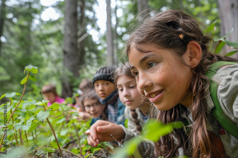 Students learning outdoors in forest, hands-on activities such as ...