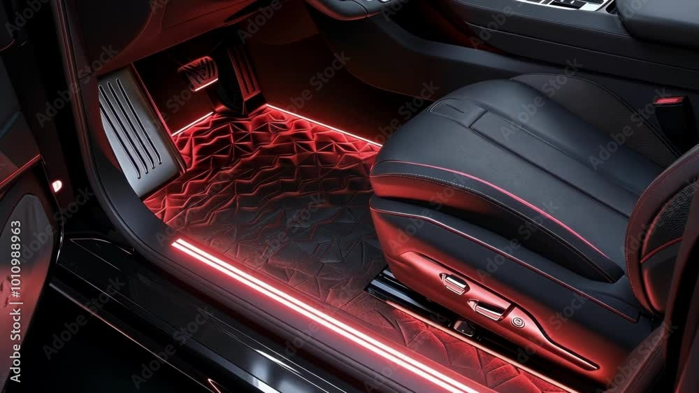 Red ambient light is illuminating the footwell and leather seat of a ...