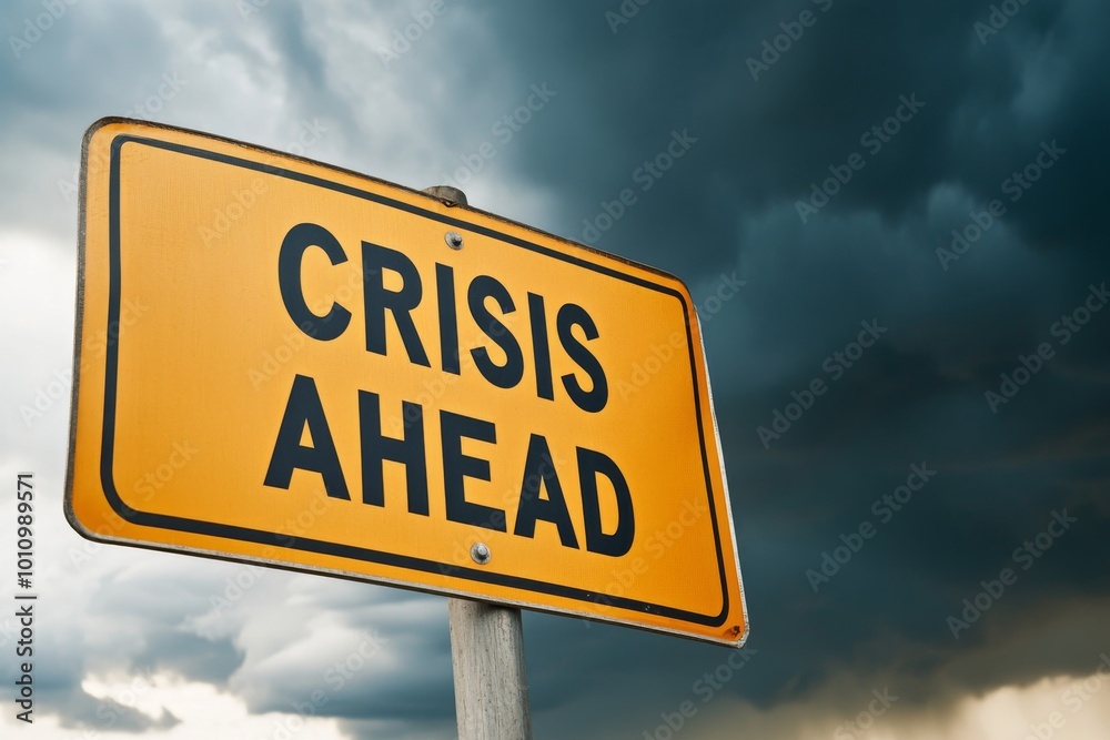 Yellow Road Sign with "CRISIS AHEAD" in Front of Dark Storm Clouds and ...