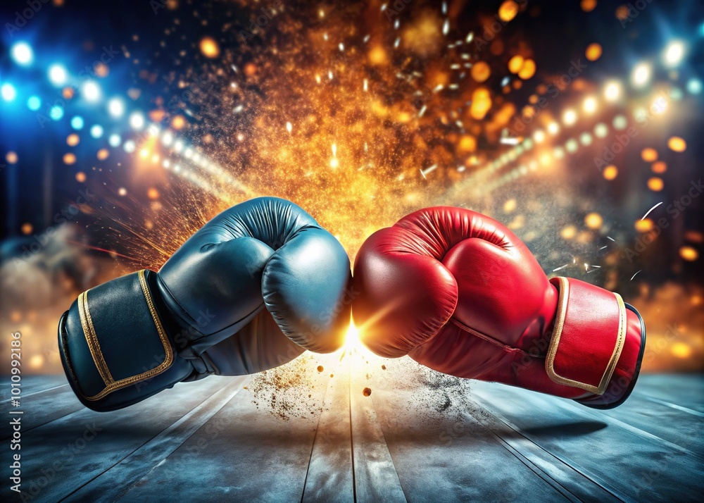 Two boxing gloves clash at the center, creating a dramatic focal point ...