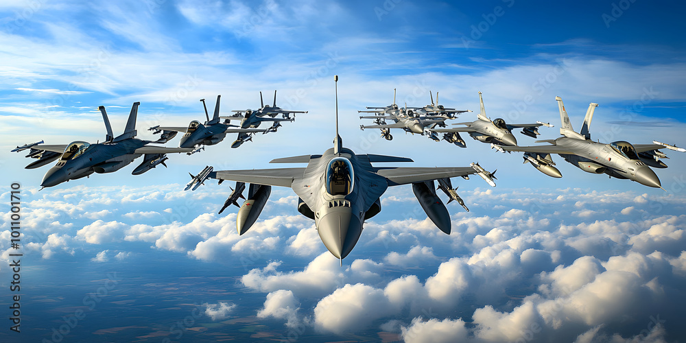 Squadron of fighter jets in close formation flying in the sky, military ...