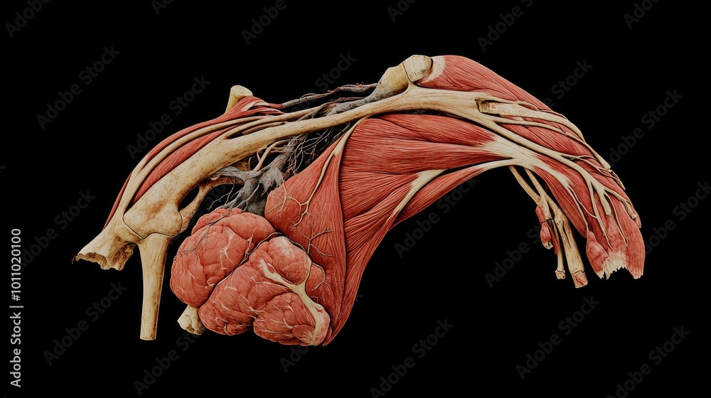 Detailed illustration of the human shoulder with muscles and arteries ...