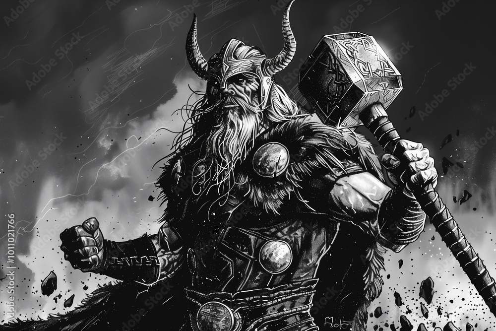 Engraving of the Norse god Thor wielding a magical hammer called ...