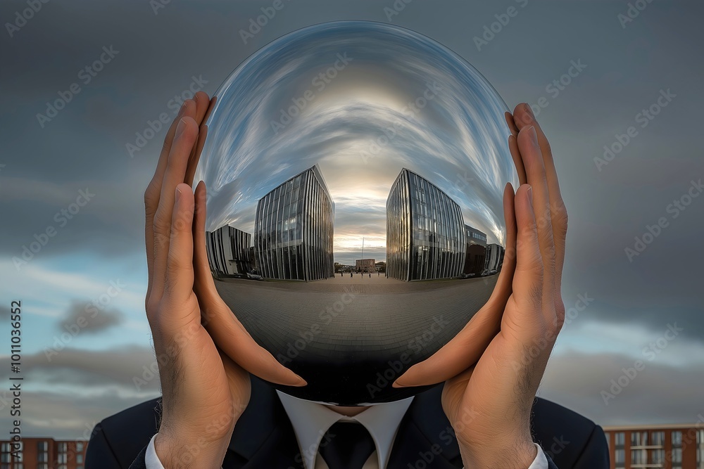 Person holding a large reflective sphere in front of their face, which ...