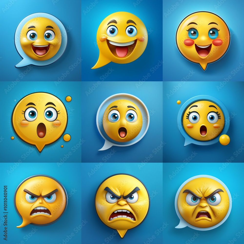 Nine 3D emoticons with different expressions set against a blue ...