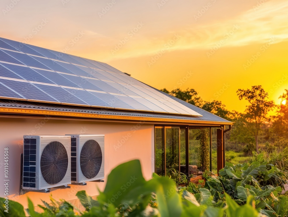 Solar panels on a modern house roof with air conditioning units at ...