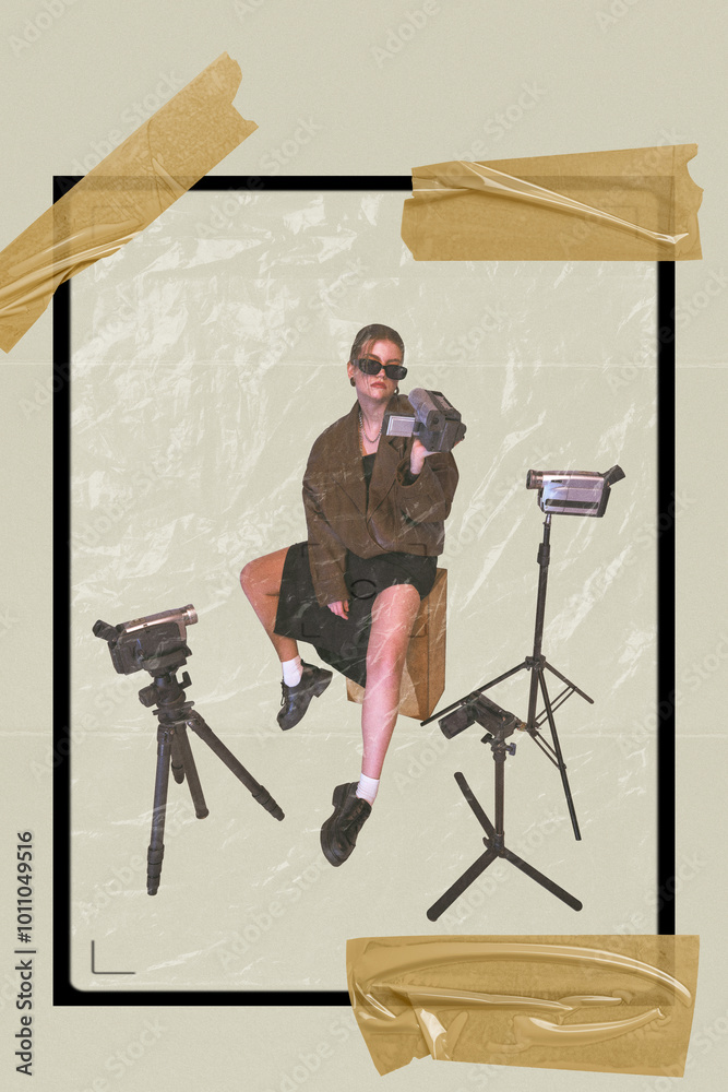 Stylish woman in leopard print coat holding vintage camcorder. Retro film-making gear, mass ...