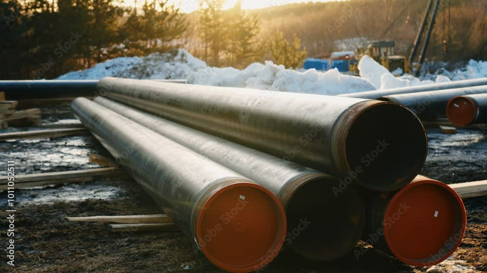 Close-up of large diameter metal pipes for the construction of an ...